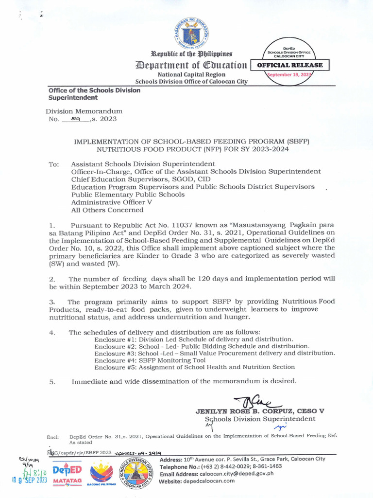 DM No. 519, S. 2023 - Implementation of School-Based Feeding Program (SBFP) Nutritious Food ...