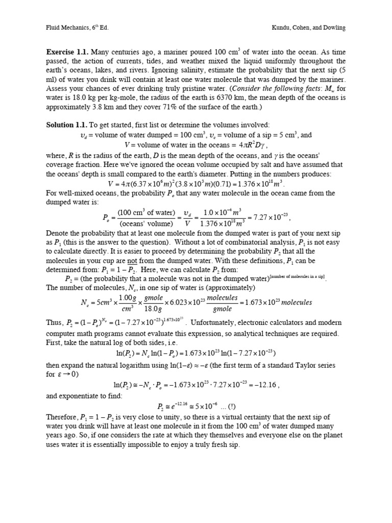Dokumen - Tips Fluid Mechanics Kundu Cohen 6th Edition Solutions SM CH 1 | PDF | Friction ...