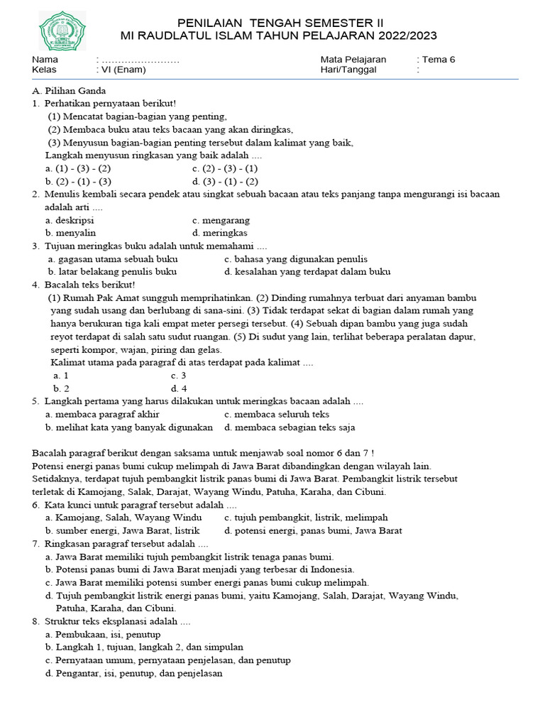 Soal Kelas Vi Tema 6 | PDF