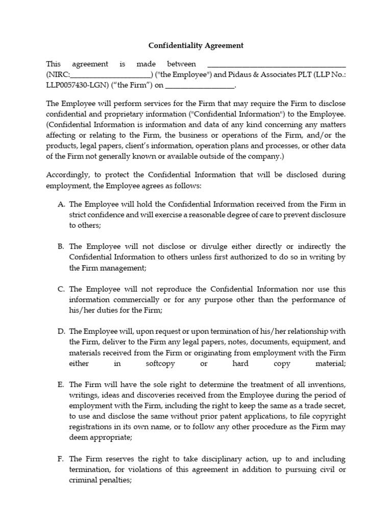 Confidentiality Agreement Employee (SAMPLE) | PDF | Confidentiality ...
