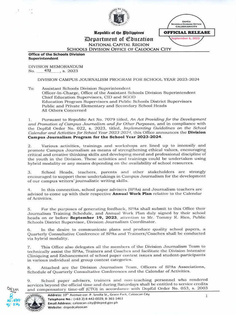 DM No. 473, S. 2023 - Division Campus Journalism Program For School ...