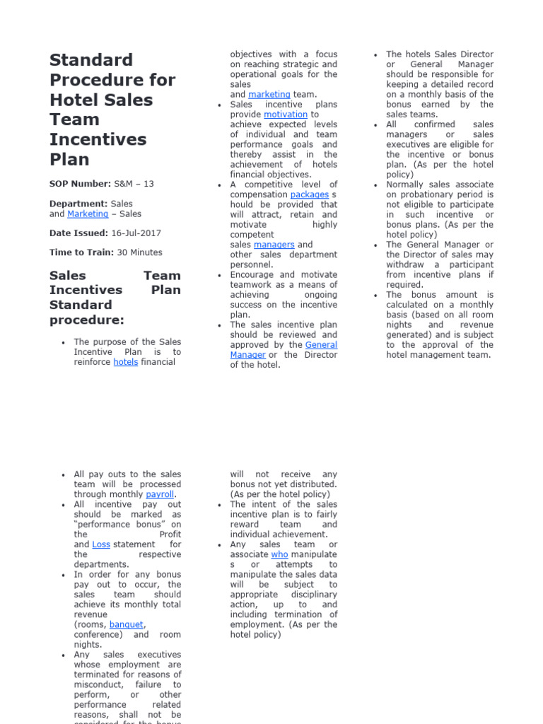 Hotel Sales Team Incentive Plan SOP | PDF | Career & Growth | Business