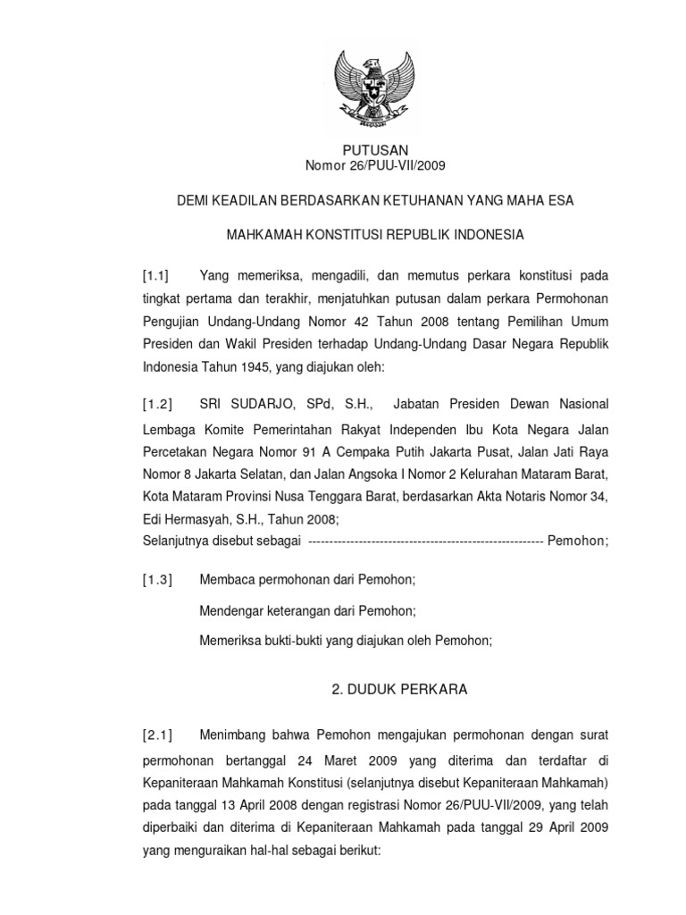 Putusan Sidang Putusan 26-PUU-VII-2009 Final | PDF