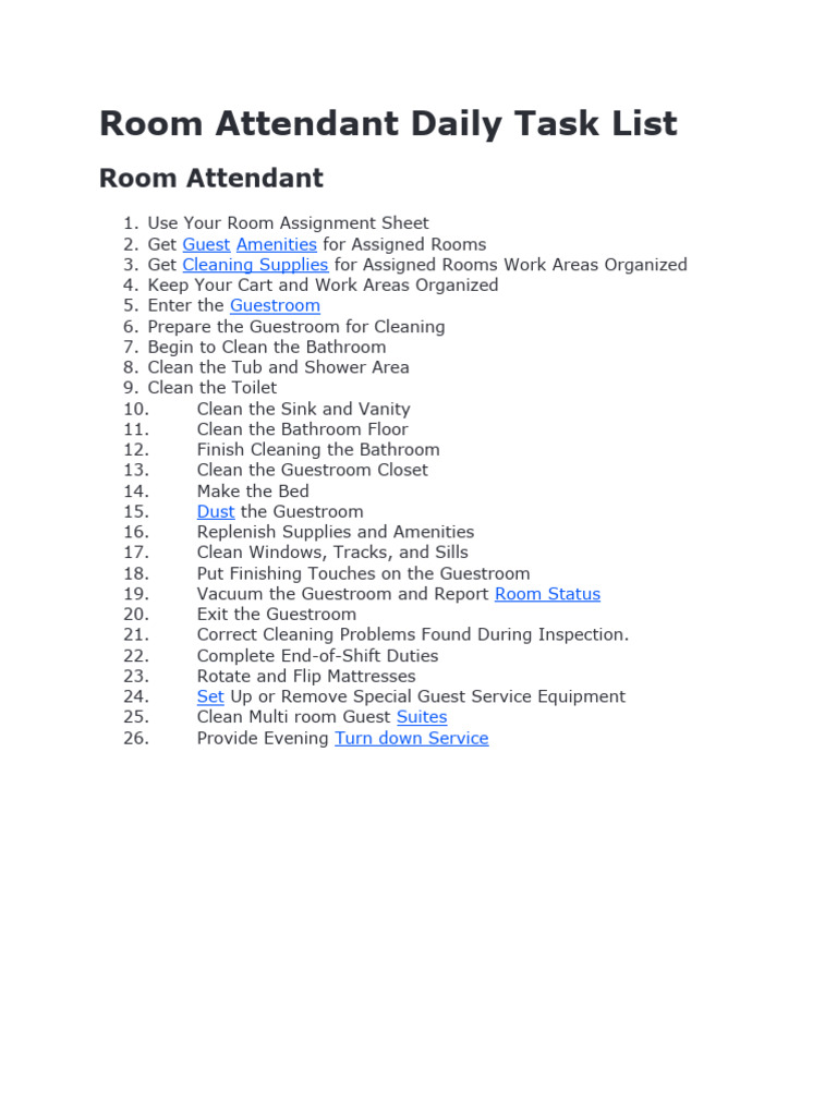 Room Attendant Daily Task List1 | PDF
