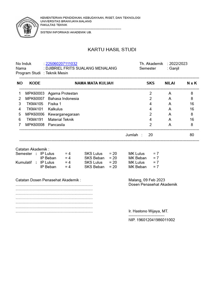 Kartu Hasil Studi Teknik Mesin UB | PDF