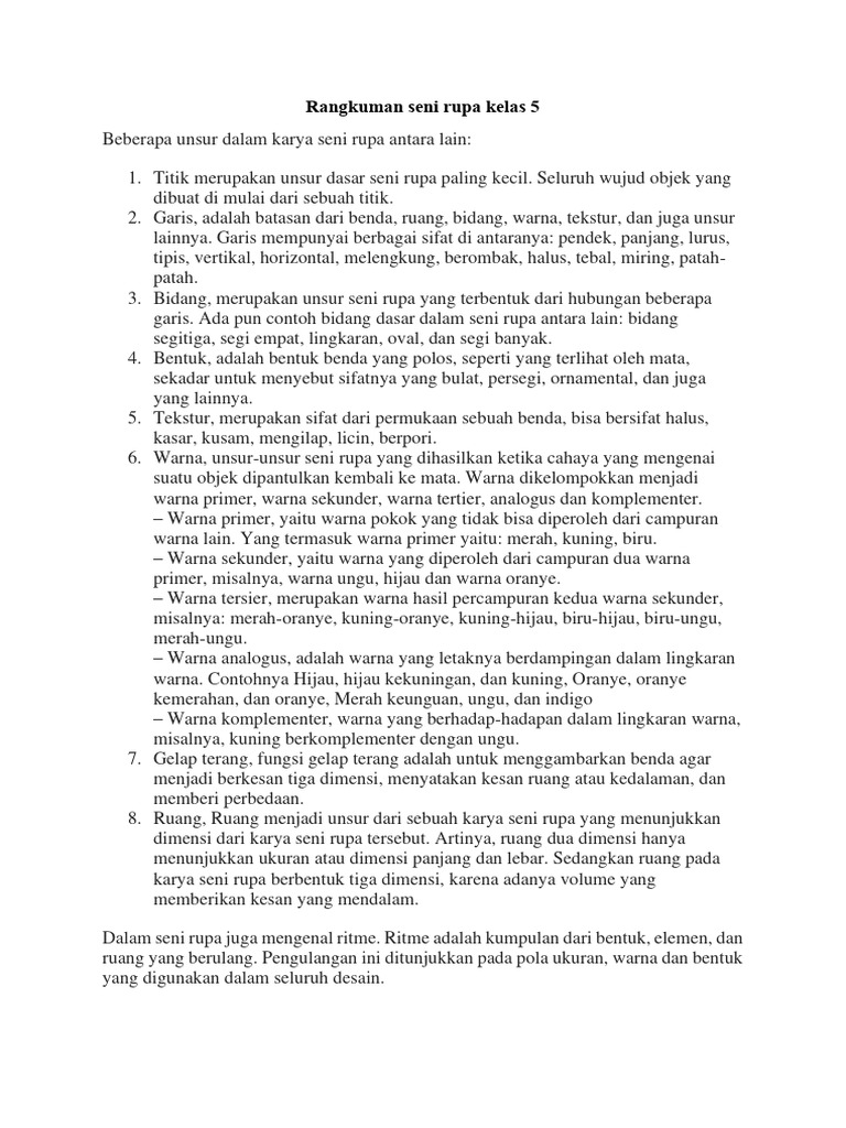 Rangkuman Seni Rupa Kelas 5 | PDF