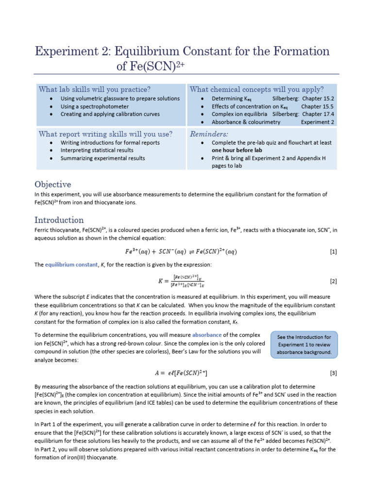 "Equilibrium Constant of Fe(SCN)2+ Lab" | PDF | Chemical Equilibrium ...