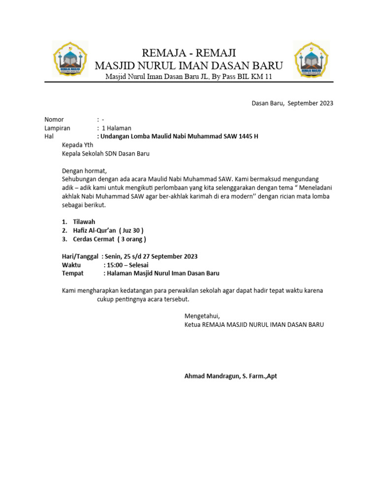 Surat Undangan Maulid SDN Dasan Baru. | PDF