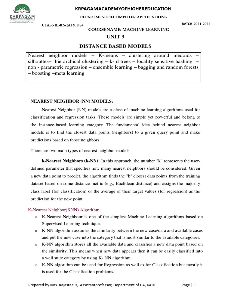 UNIT 3 ML Distance Based Learning | PDF
