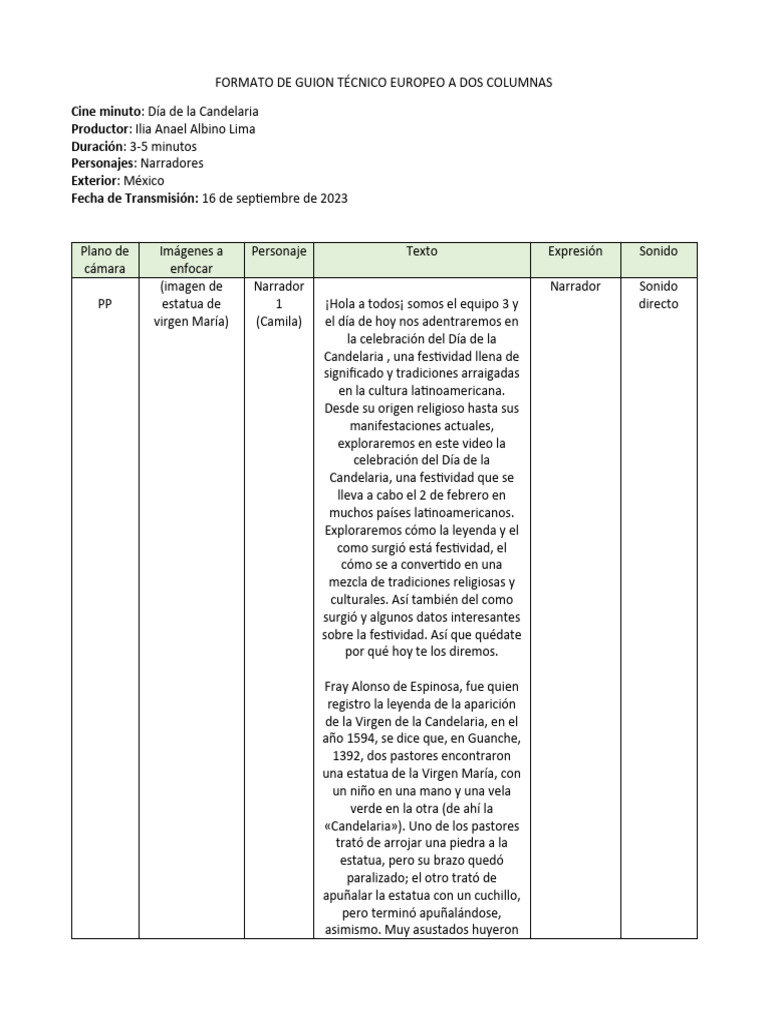 Formato de Guion Técnico Europeo A Dos Columnas-1 | PDF