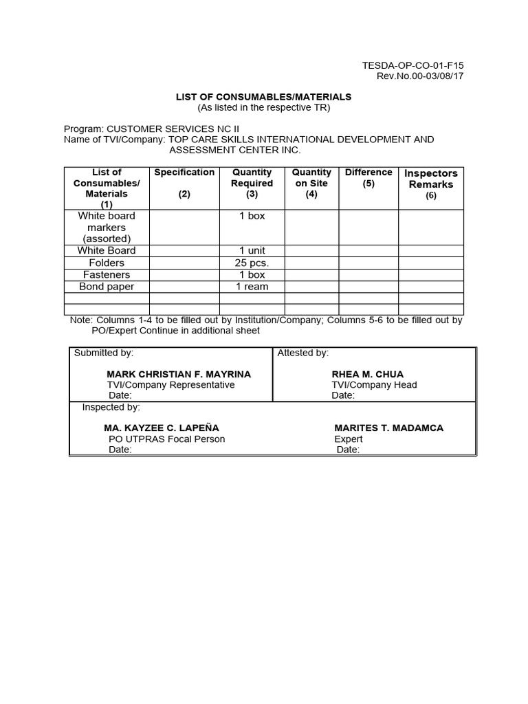 List of Consumable Materials For Customer Services Nc2 | PDF