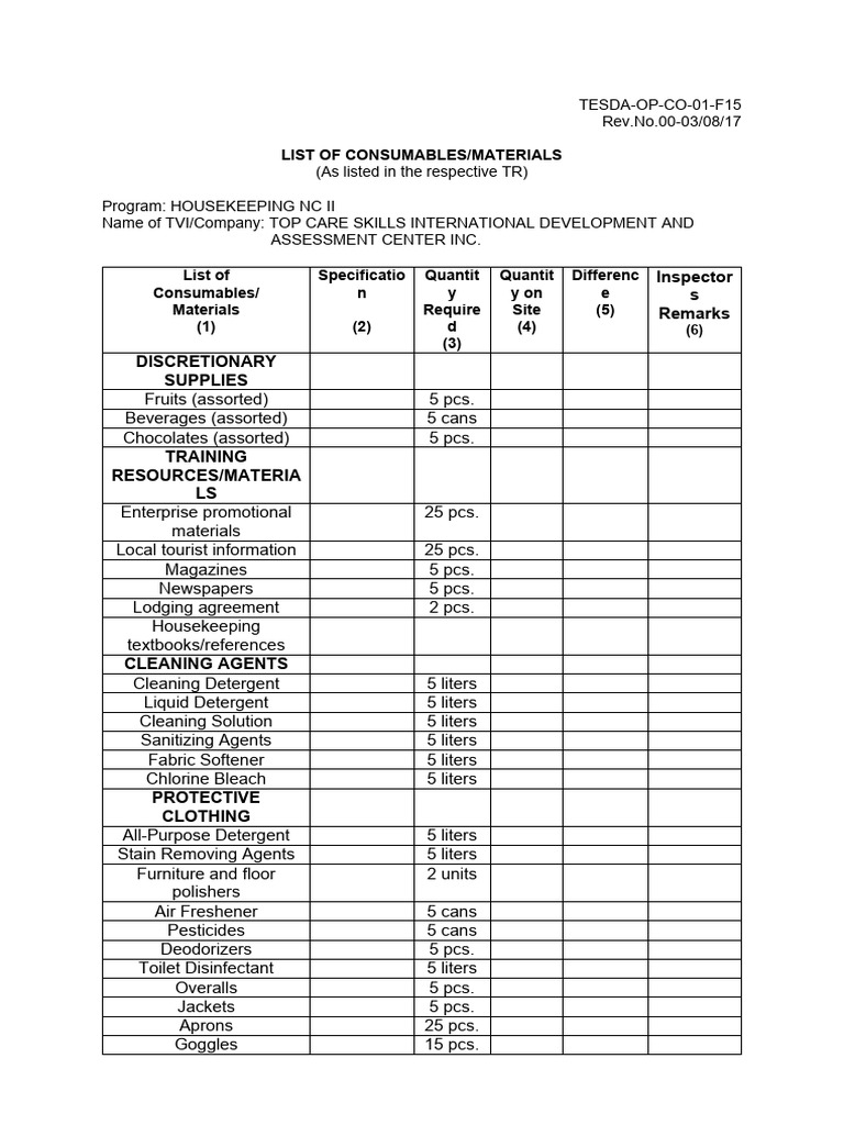 List of Consumable Materials For Housekeeping Nc2 | PDF | Chemistry ...