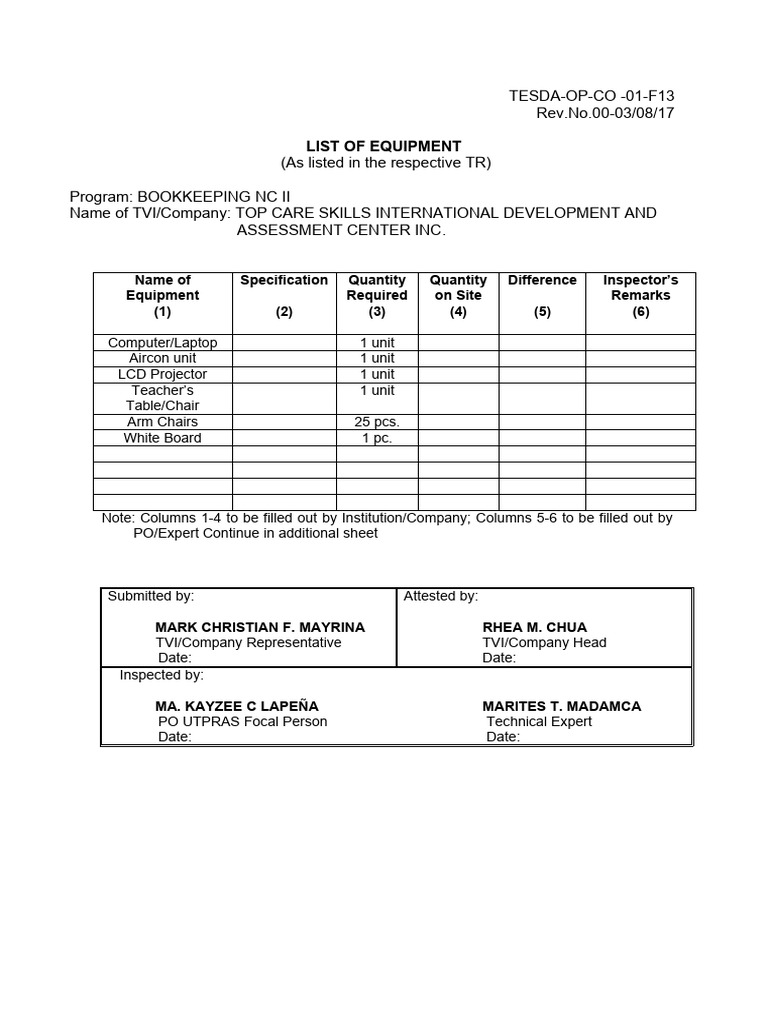 List of Equiptment For Bookkeeping Nc2 | PDF