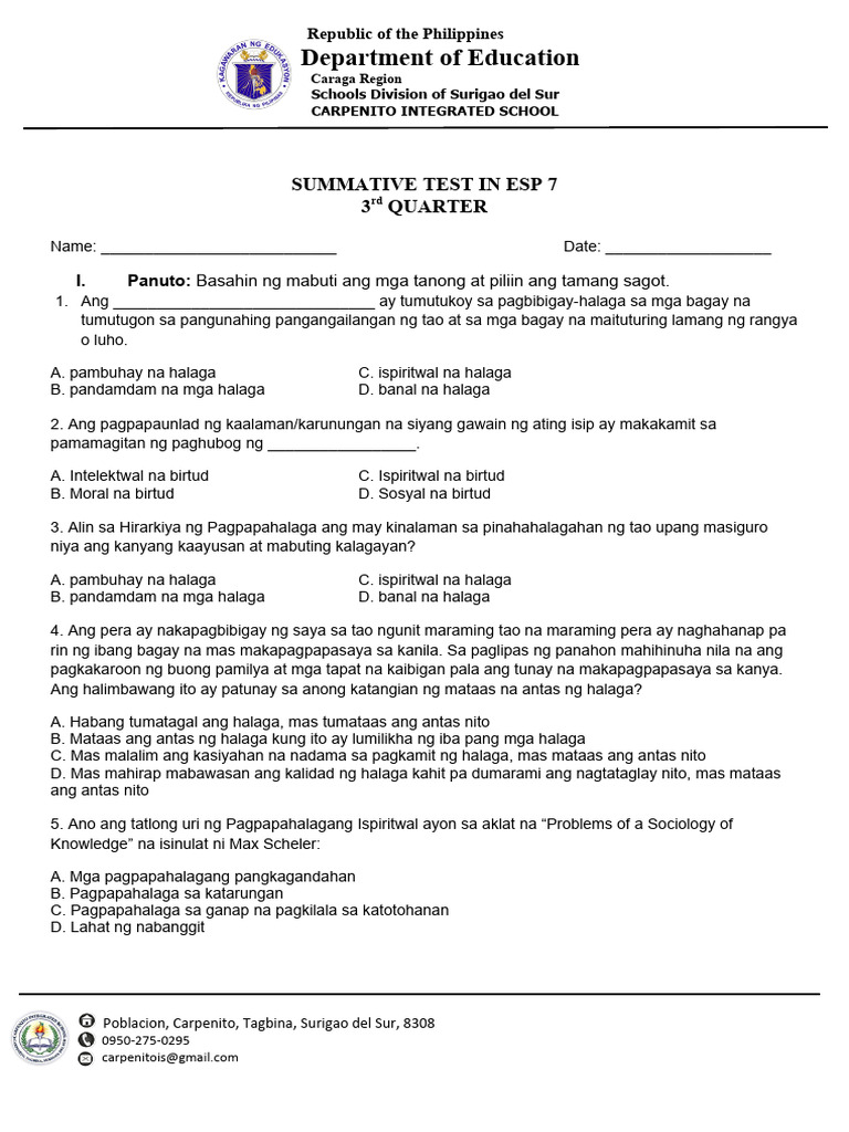 Esp7 Summative 3rd Quarter | PDF