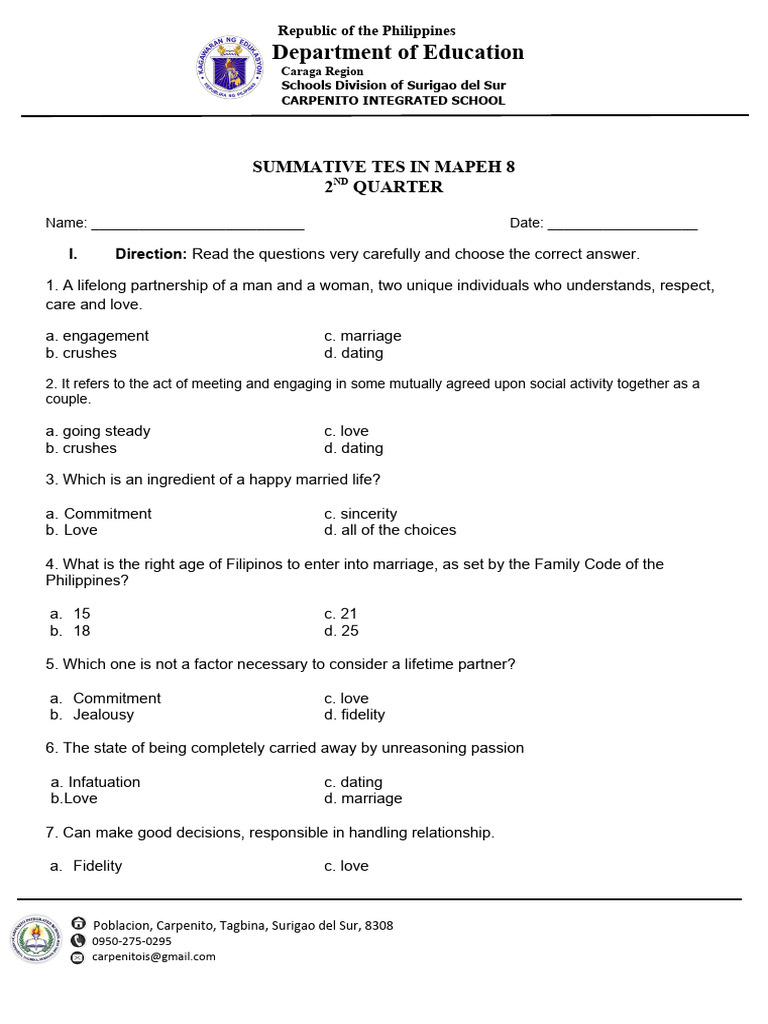 MAPEH 8 - SUMMATIVE TEST 2ND QUARTER | PDF