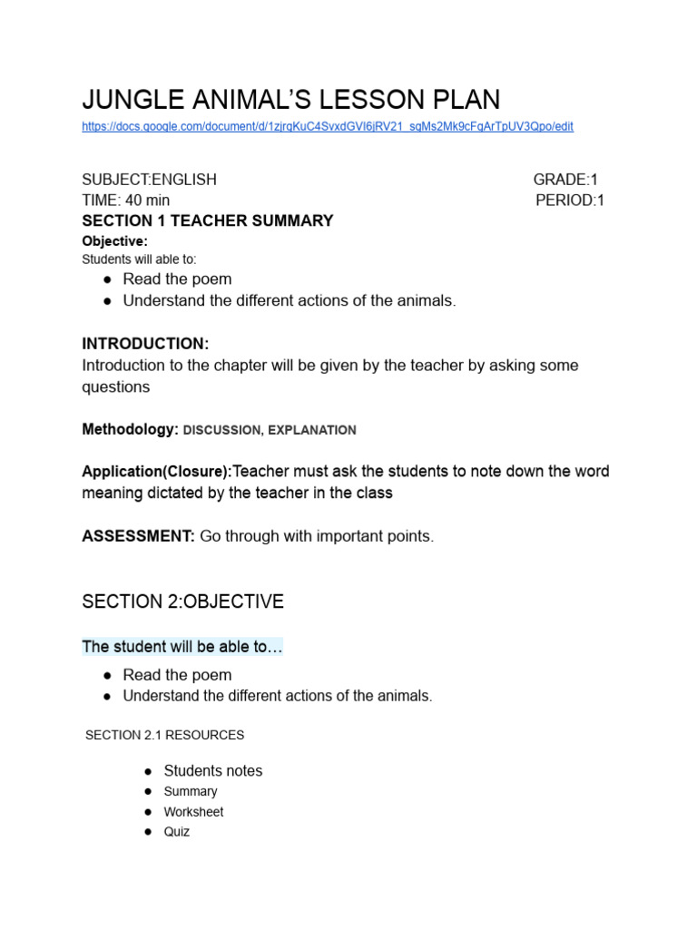Jungle Animal's Lesson Plan | PDF