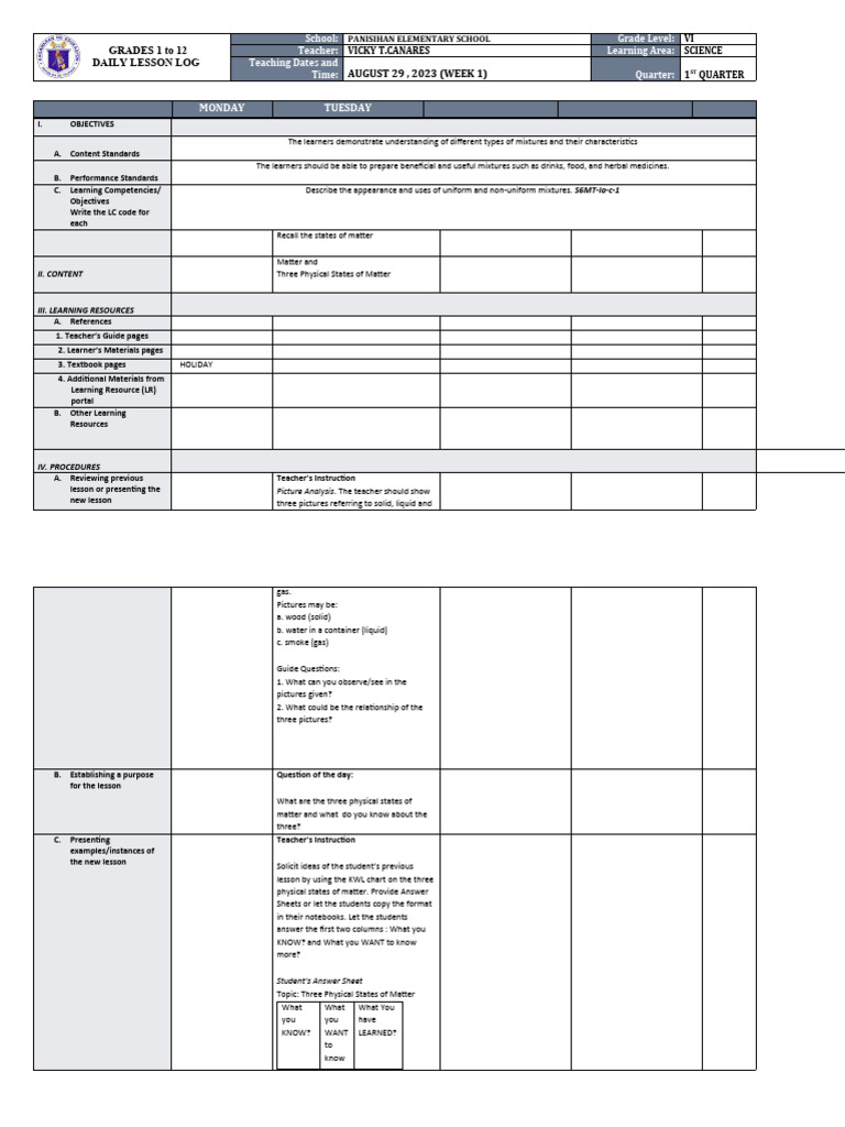 DLL Sciece Wk1 8-29-2023 | PDF | Matter | Teachers DLL Sciece Wk1 8-29-2023 | PDF | Matter | Teachers