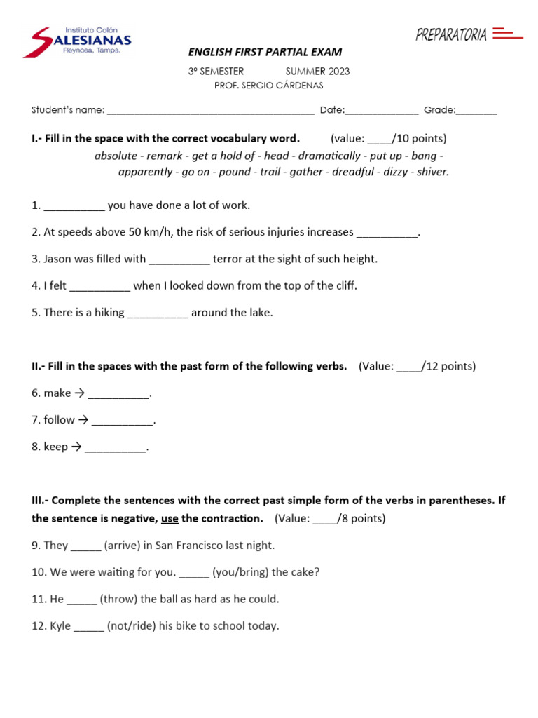 3rd Semester ENGLISH FIRST PARTIAL EXAM | PDF