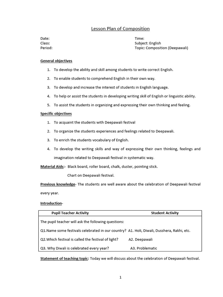 English Lesson Plan - Composition | PDF | Lesson Plan | Cognition