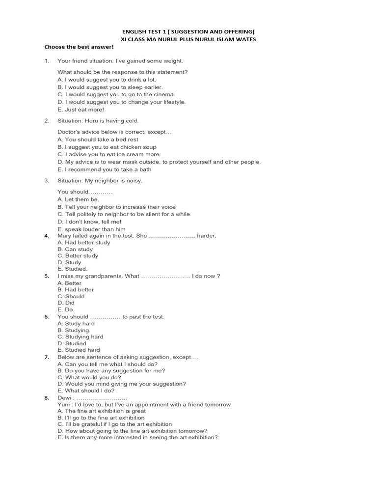 Suggestions and Offers in English Test | PDF