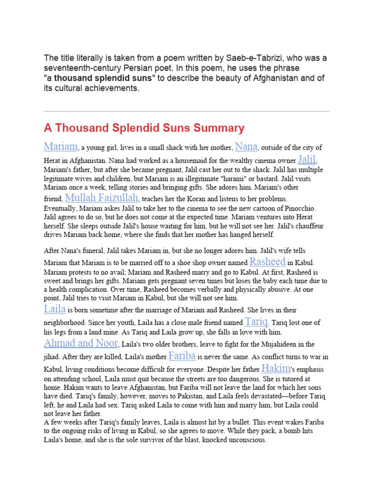 A Thousand Splendid Suns Summary | PDF