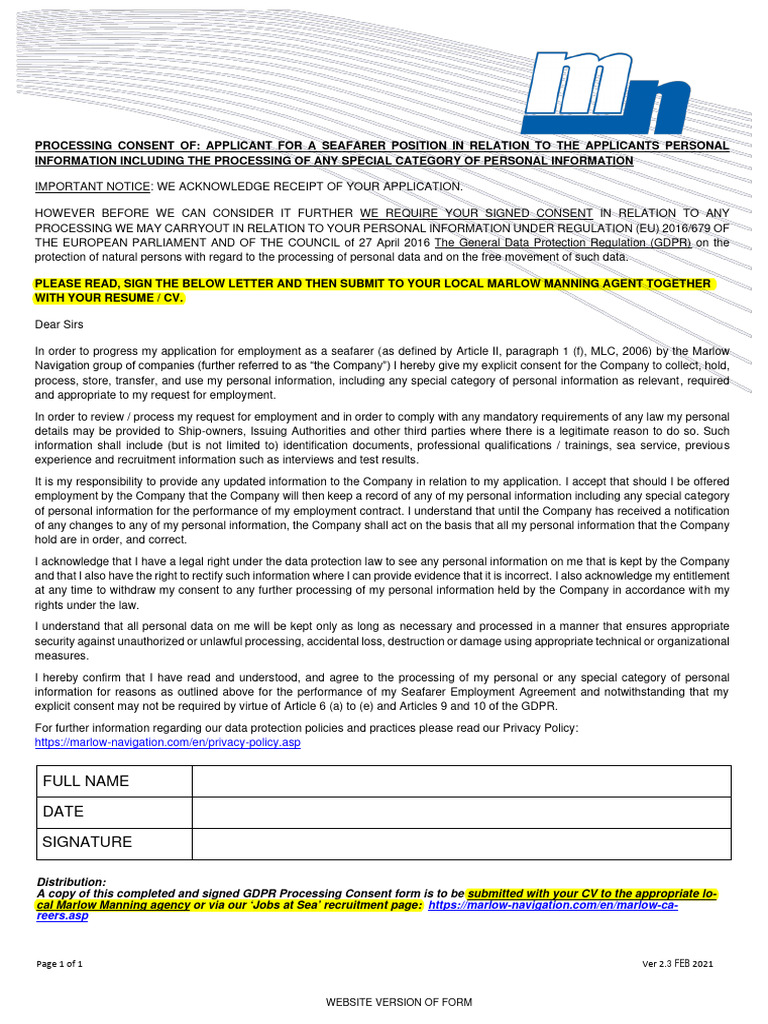 Seafarer GDPR Consent Form | PDF | Information | Justice
