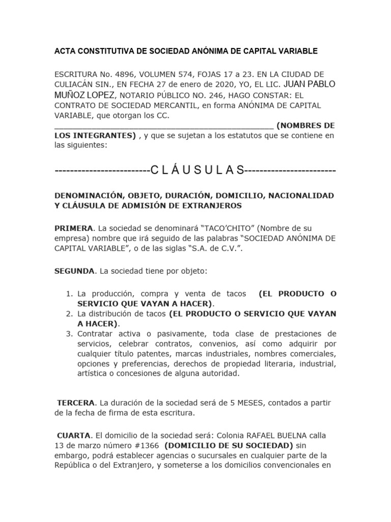 Acta Constitutiva de Sa de CV | PDF