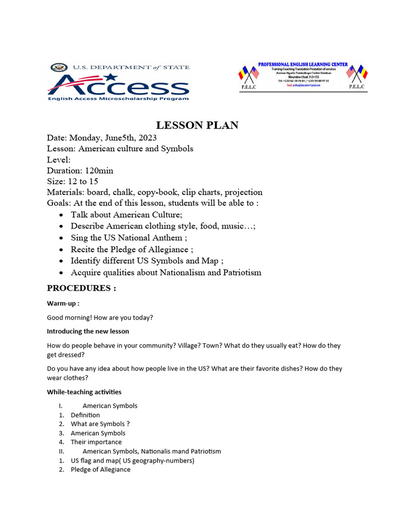 LESSON PLAN - Revision On American Culture | PDF