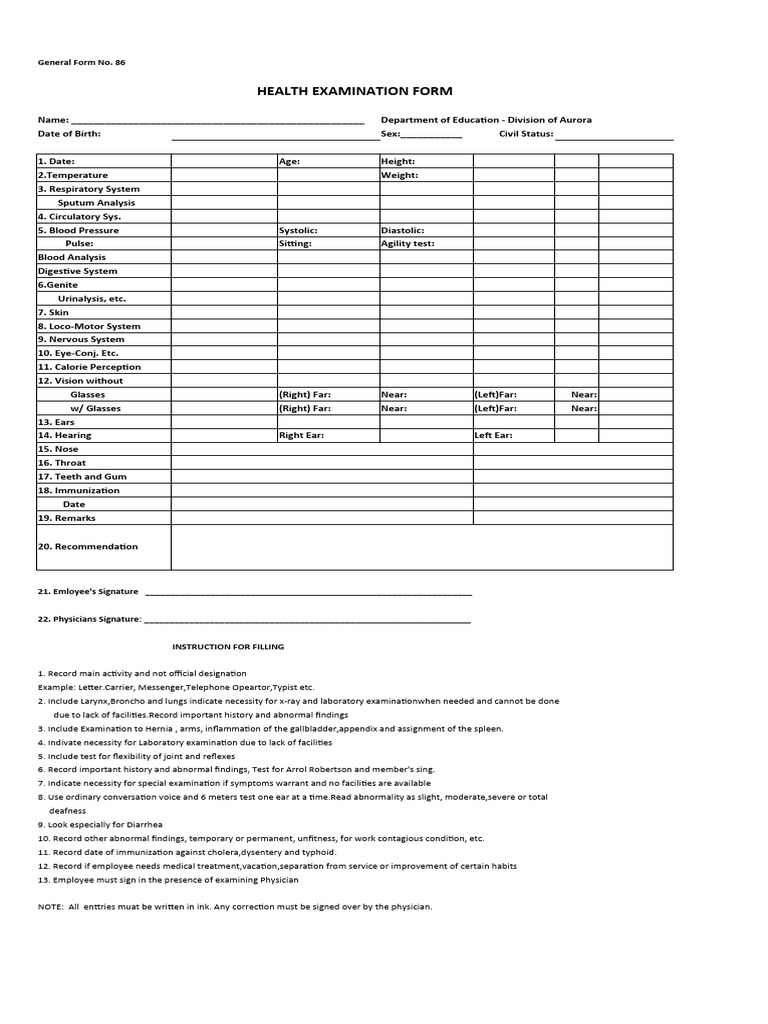 Form 86 Health Examination Form 1 | PDF | Blood Pressure | Physiology