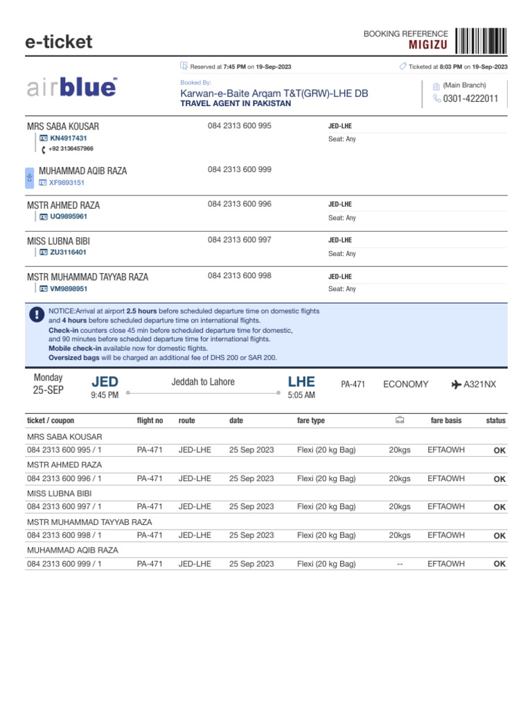 Airblue Flight PA-471 E-Ticket Details | PDF