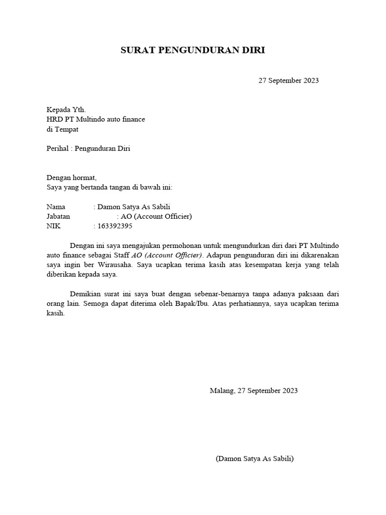 Surat Resign Simple Atau Sederhana | PDF