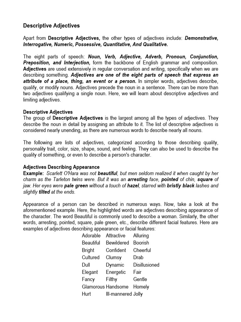 Descriptive Adjectives | PDF