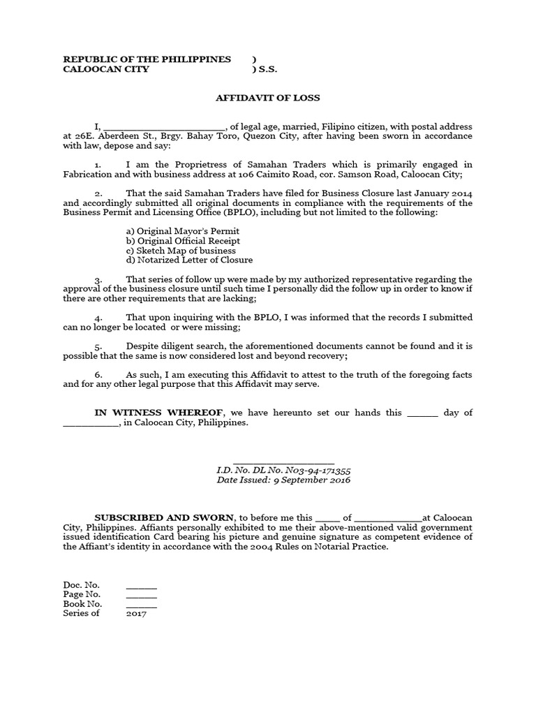 Affidavit of Loss for Business Closure | PDF