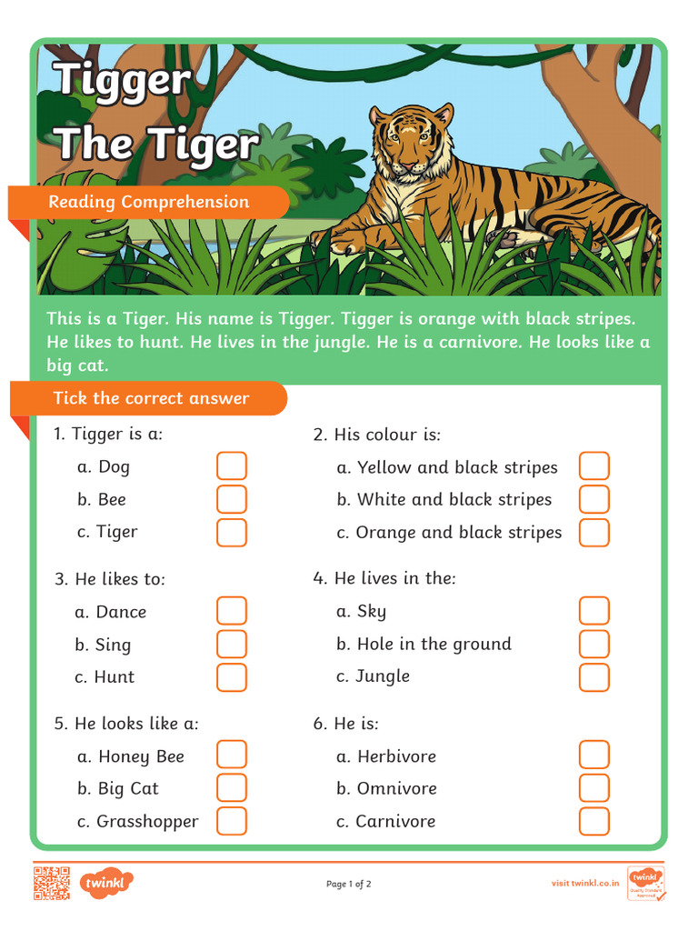 In en 1655136056 Tigger The Tiger Reading Comprehension - Ver - 1 | PDF