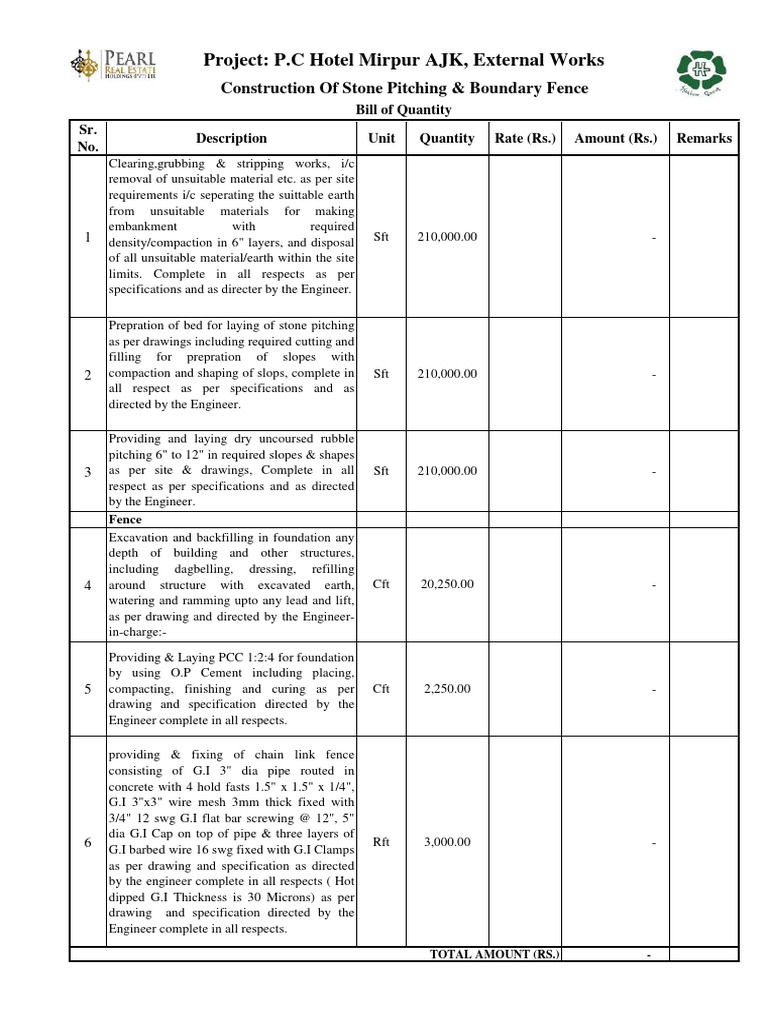 Stone Pitching & Fence BOQ for Project | PDF | Civil Engineering ...