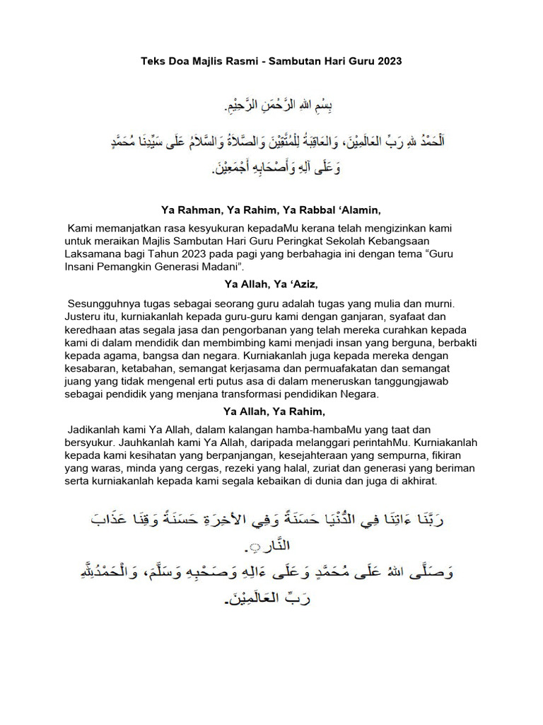 Teks Doa Majlis Rasmi Hari Guru | PDF