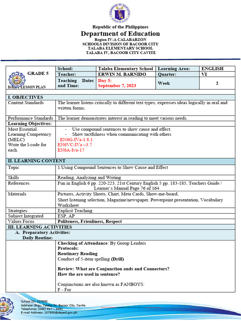 DLP English 6 060723 Day 5 Q1 W2 | PDF | Learning | Cognition