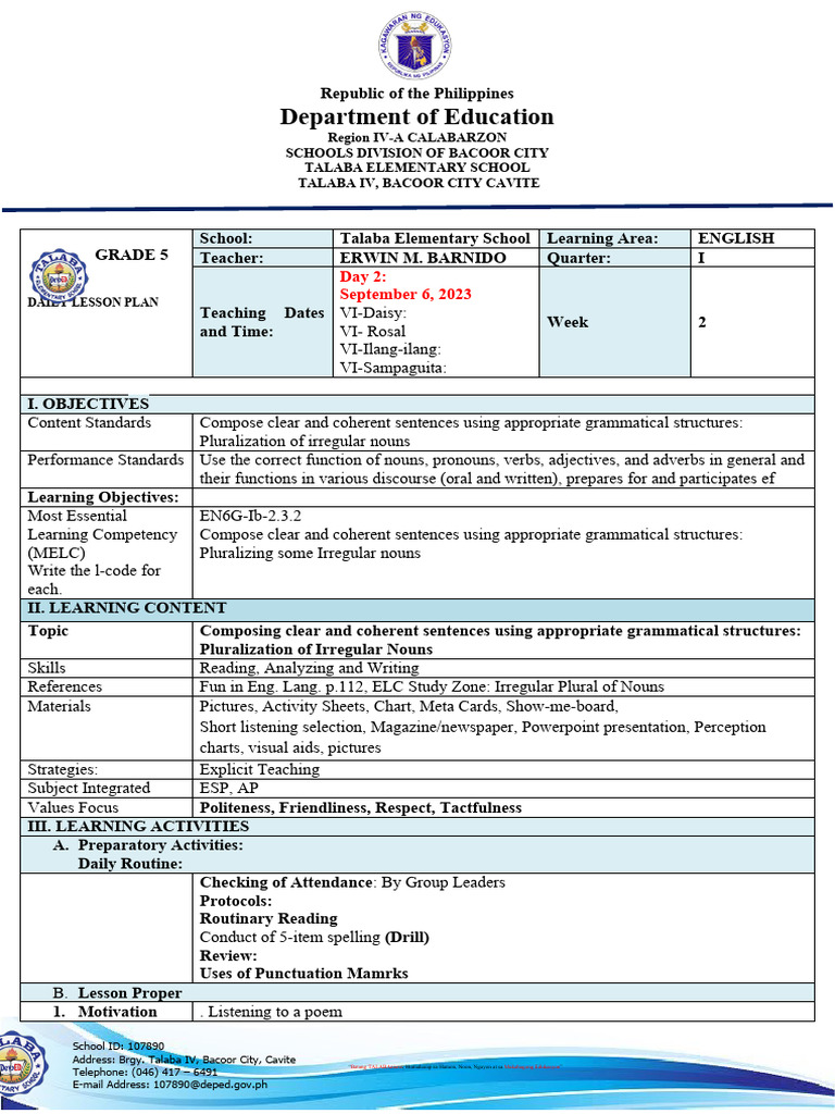 DLP English 6 090623 Day 2 Q1 W2 | PDF