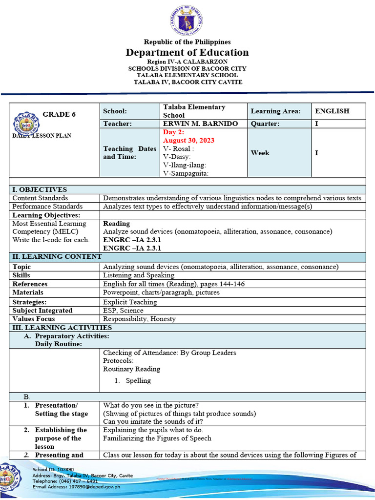 DLP English 6 083023 Day 2 Q1 W1 | PDF | Human Communication | Linguistics