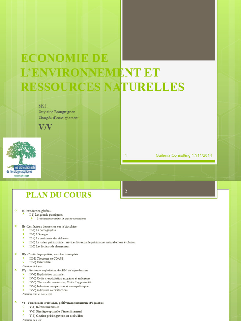 Economie de L'Environnement Et Ressources Naturelles: MS3 Guylaine Bourguignon Chargée D ...