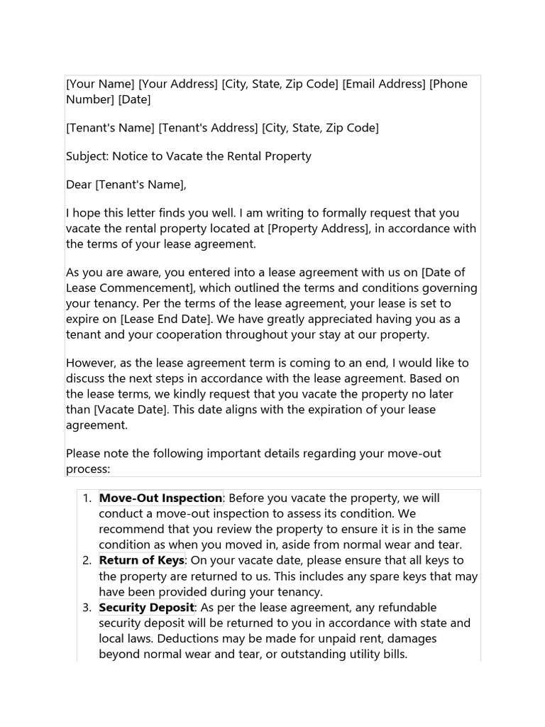 Example Letter To Vacate Property | PDF