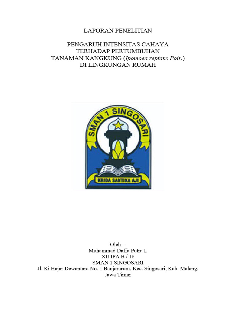 Laporan Penelitian Pengaruh Intensitas Cahaya Terhadap Pertumbuhan Tanaman Kangkung (Ipomoea ...
