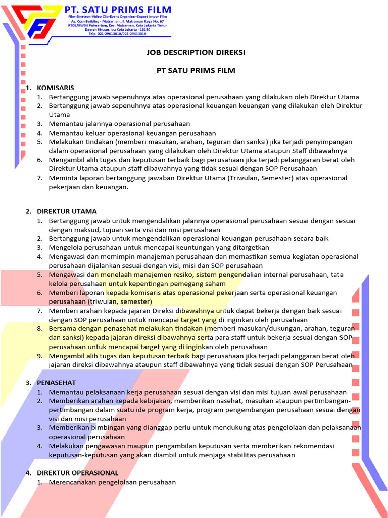 Job Desk Direksi PT Satu Prims Film | PDF