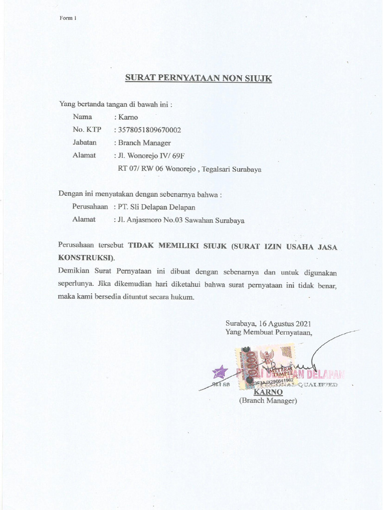 Surat Pernyataan NON SIUJK | PDF