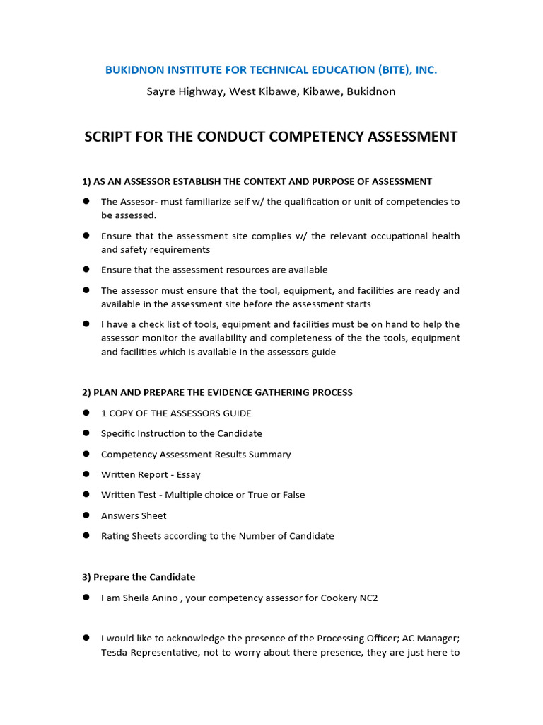 Script For The CONDUCT - COMPETENCY - ASSESSMENT | PDF | Validity (Statistics) | Cooking