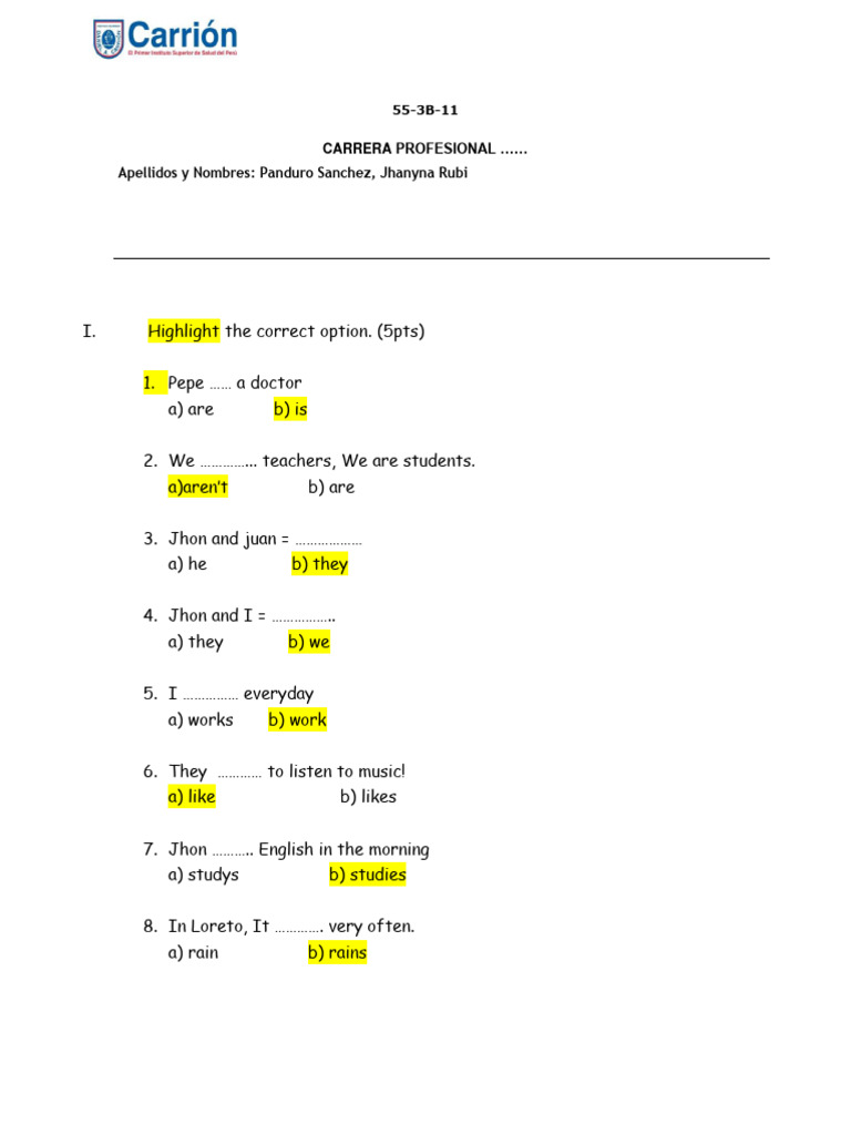 E-Exam SIMPLE PRESENT 1 - Panduro Sanchez Jhanyna Rubi | PDF