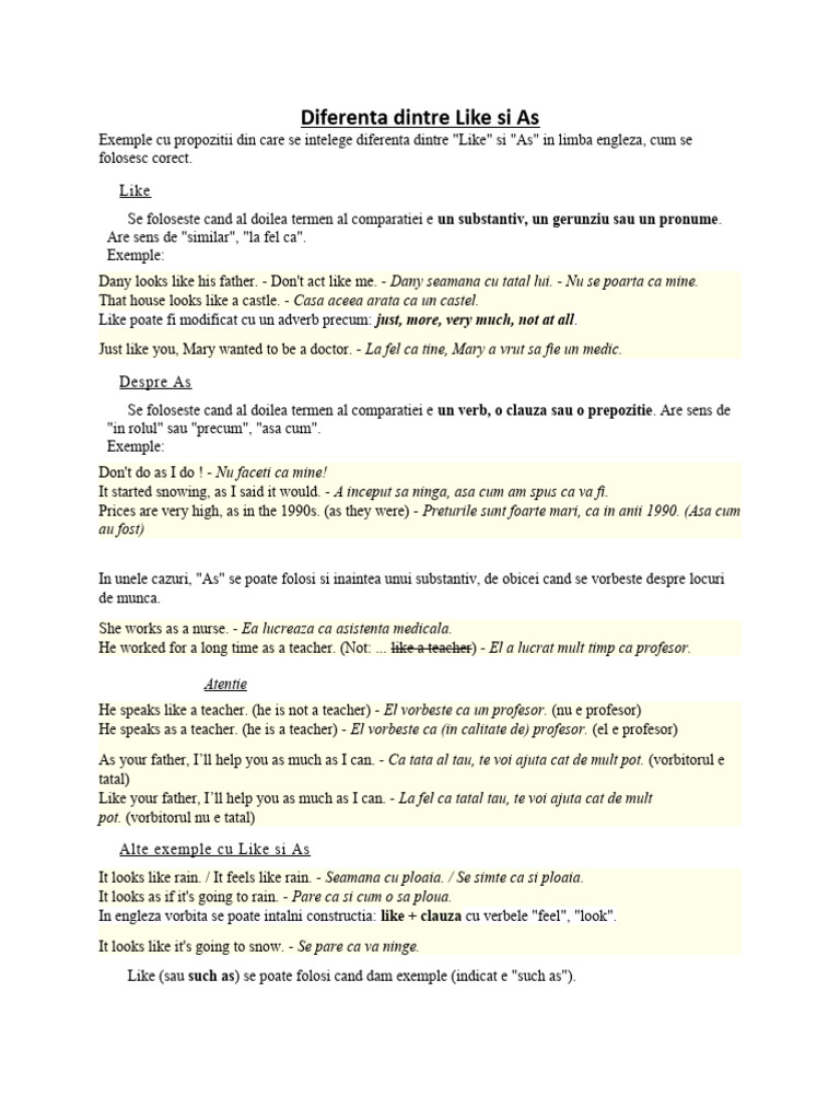 Diferențe "Like" vs "As" în Engleză | PDF | Language Arts & Discipline