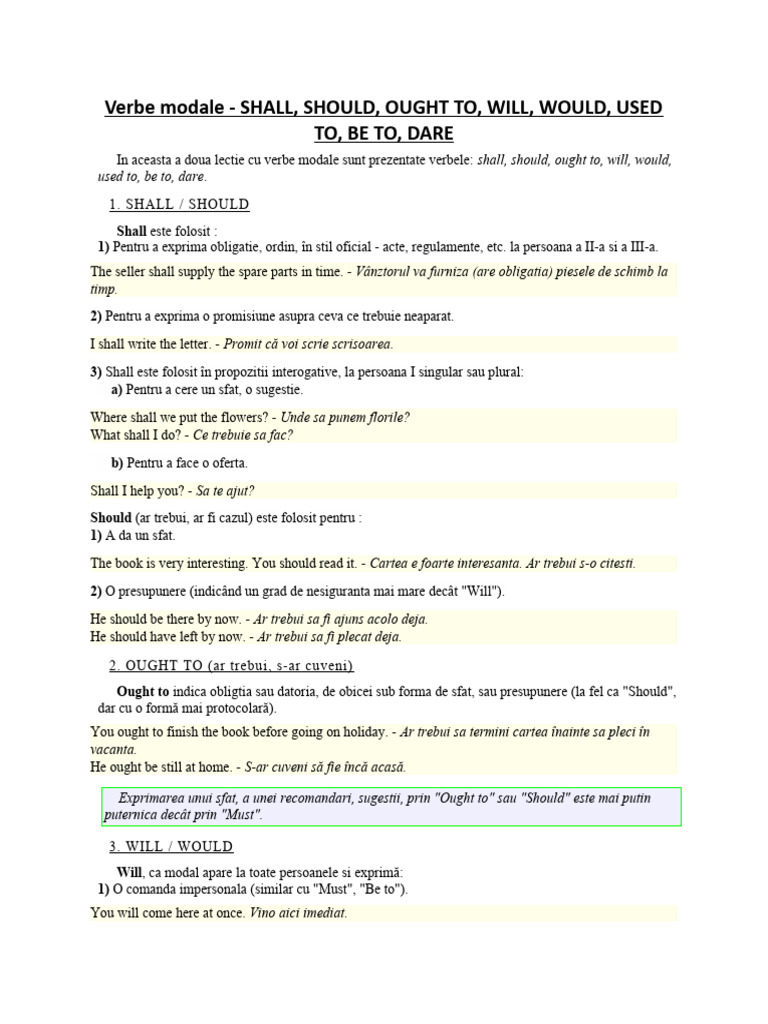 Verbe Modale - SHALL, SHOULD, OUGHT TO, WILL, WOULD, USED TO, BE TO ...