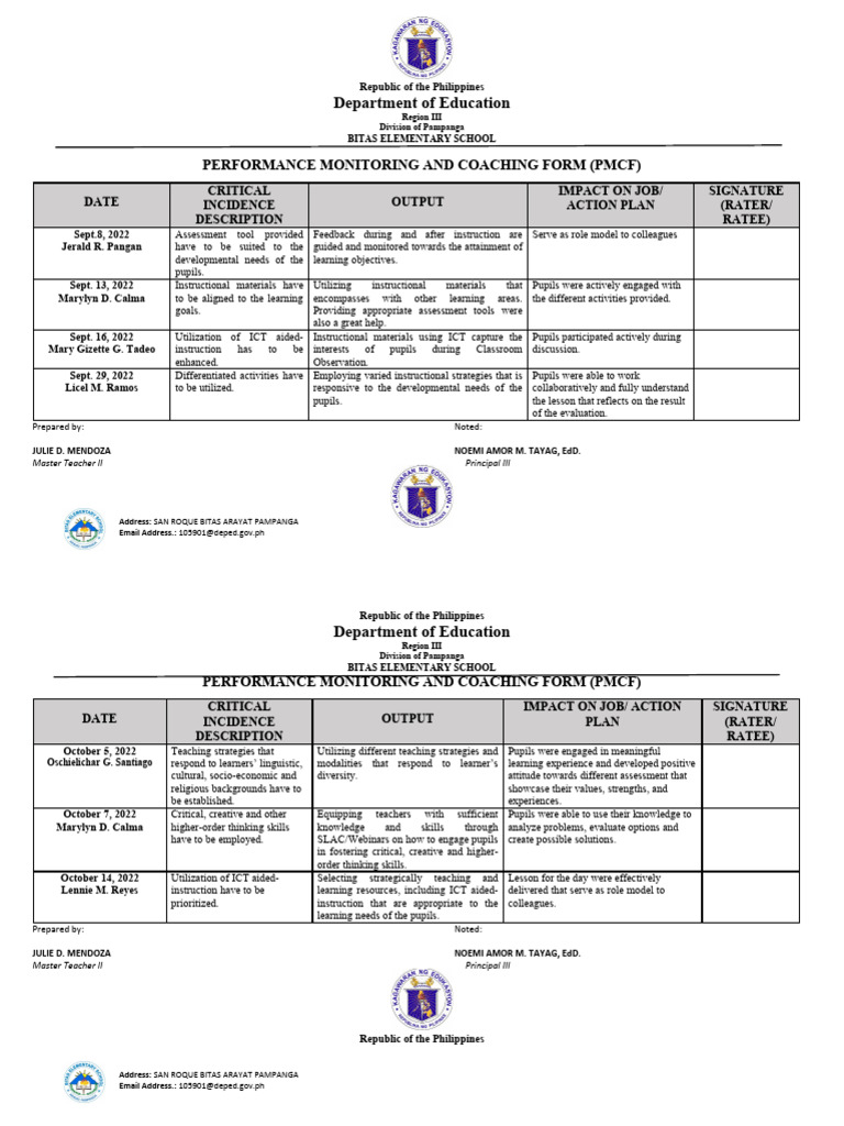 PMCF Sample for Master Teachers 2024 | PDF