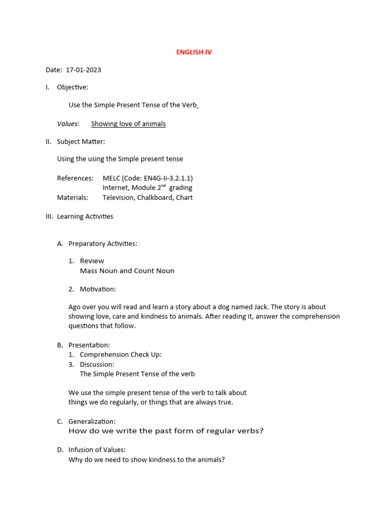 Lesson Plan in English Simle Present Tense | PDF